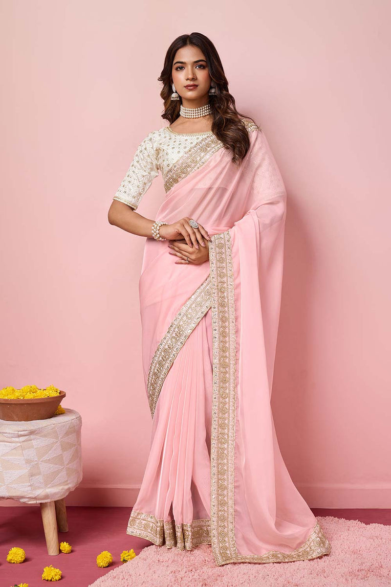 Buy Rose Pink Organza Embroidered Saree Online - KARMAPLACE