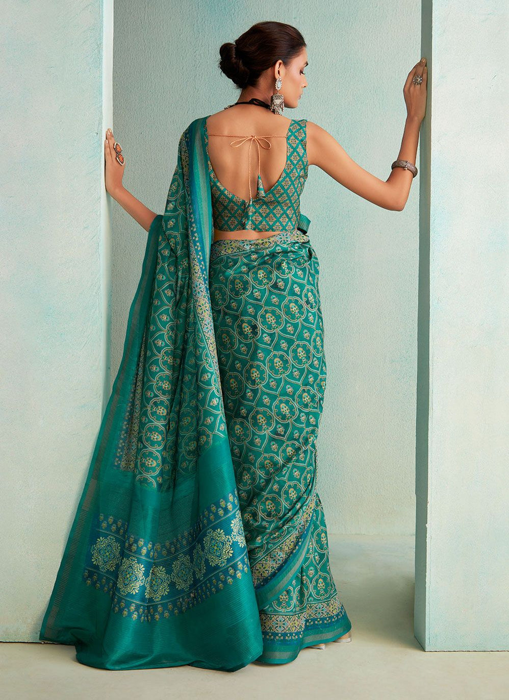 Sea Green Silk Embroidered Saree